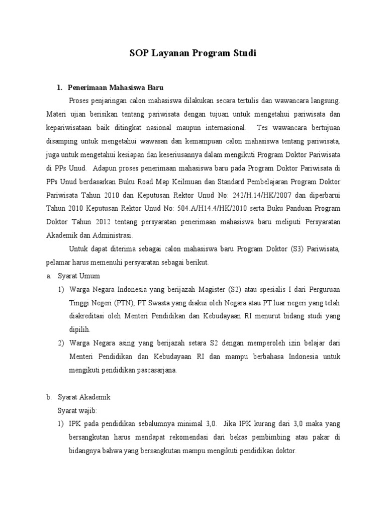 SOP Layanan Program Studi Doktor Pariwisata | PDF
