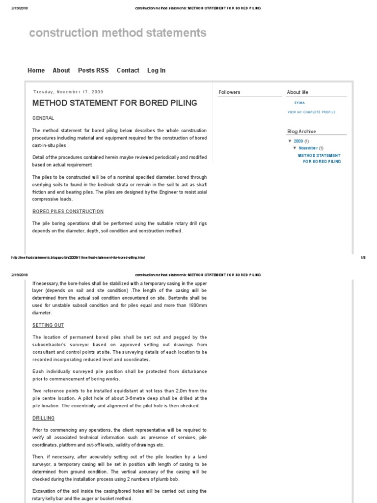 Construction Method Statements: Method Statement For Bored Piling | PDF | Deep Foundation | Drilling