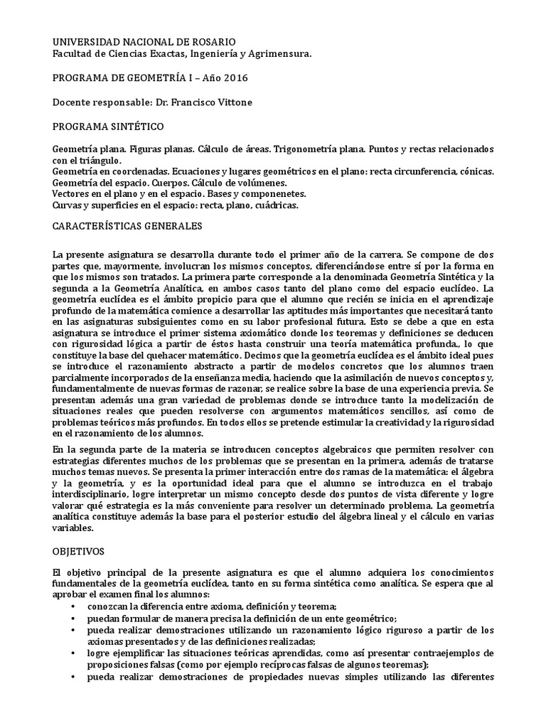 Programa De Geometría I Introducción A La Geometría Euclídea Y Sus