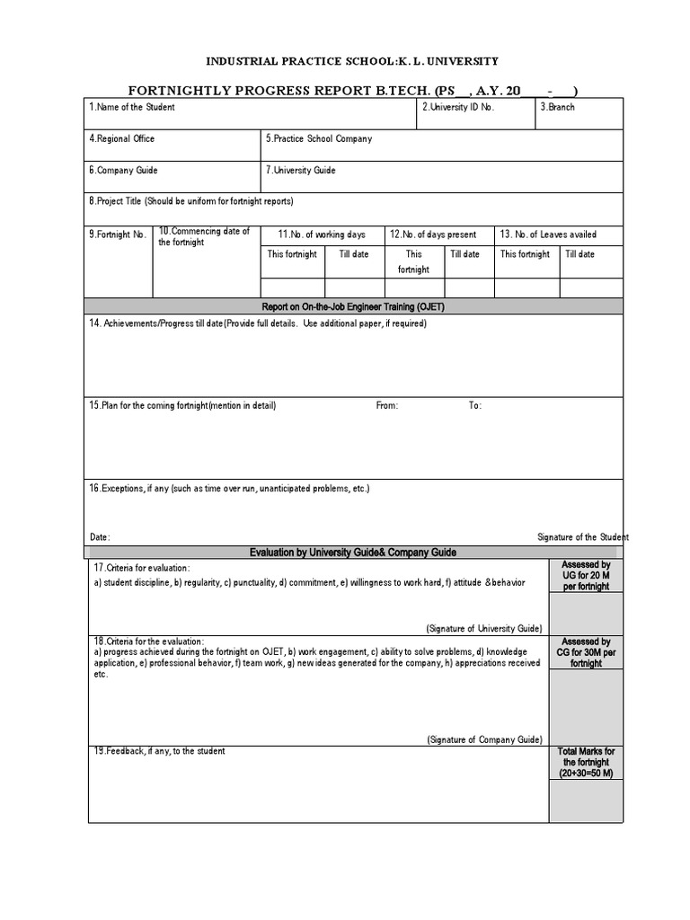 Fortnightly Progress Report B.Tech. (Ps - , A.Y. 20 - ) : Industrial ...