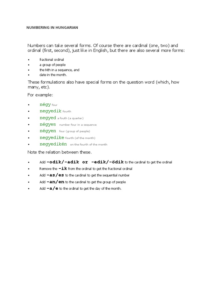 NUMBERING in HUNGARIAN Ordinal Cardinal and Other Numbers in HUNGARIAN ...