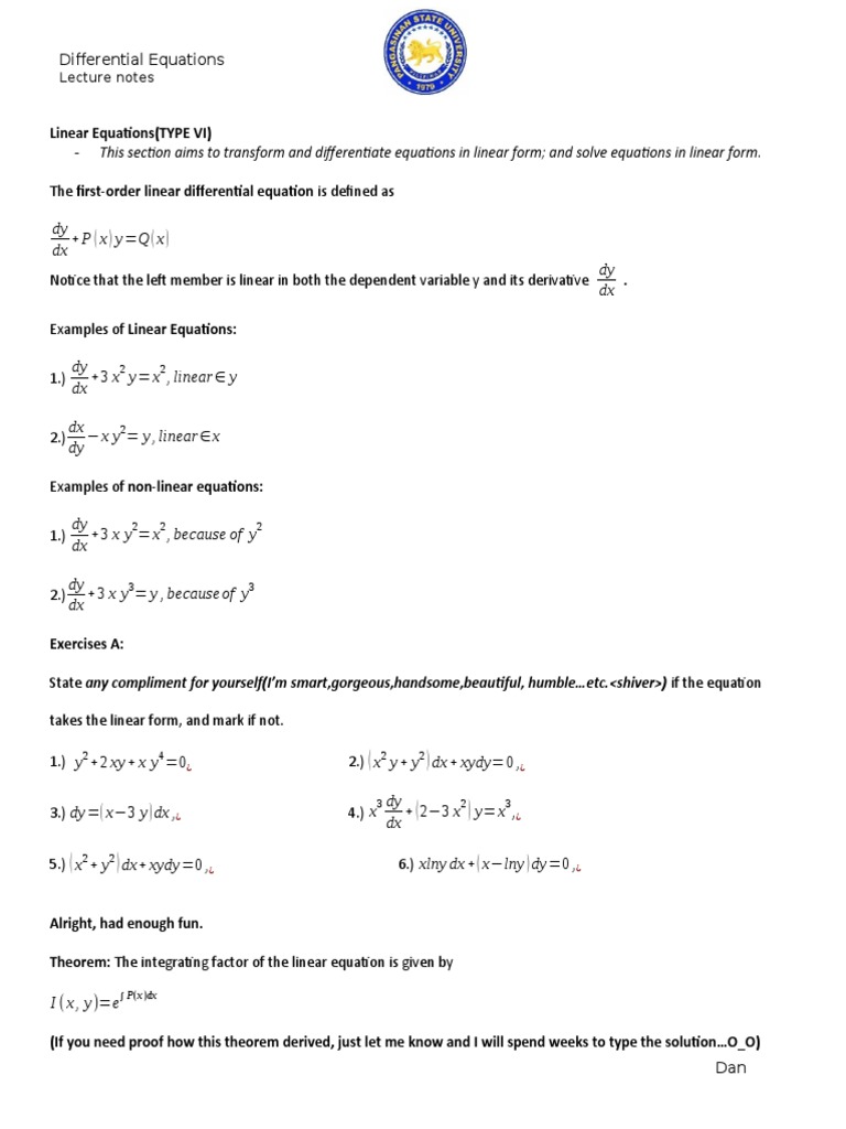 TYPE VI - Linear Differential Equation | PDF | Linearity | Equations
