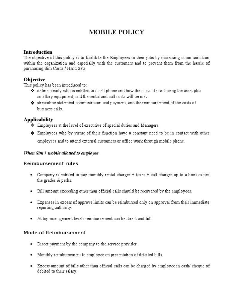 Mobile Policy: When Sim + Mobile Allotted To Employee | PDF ...