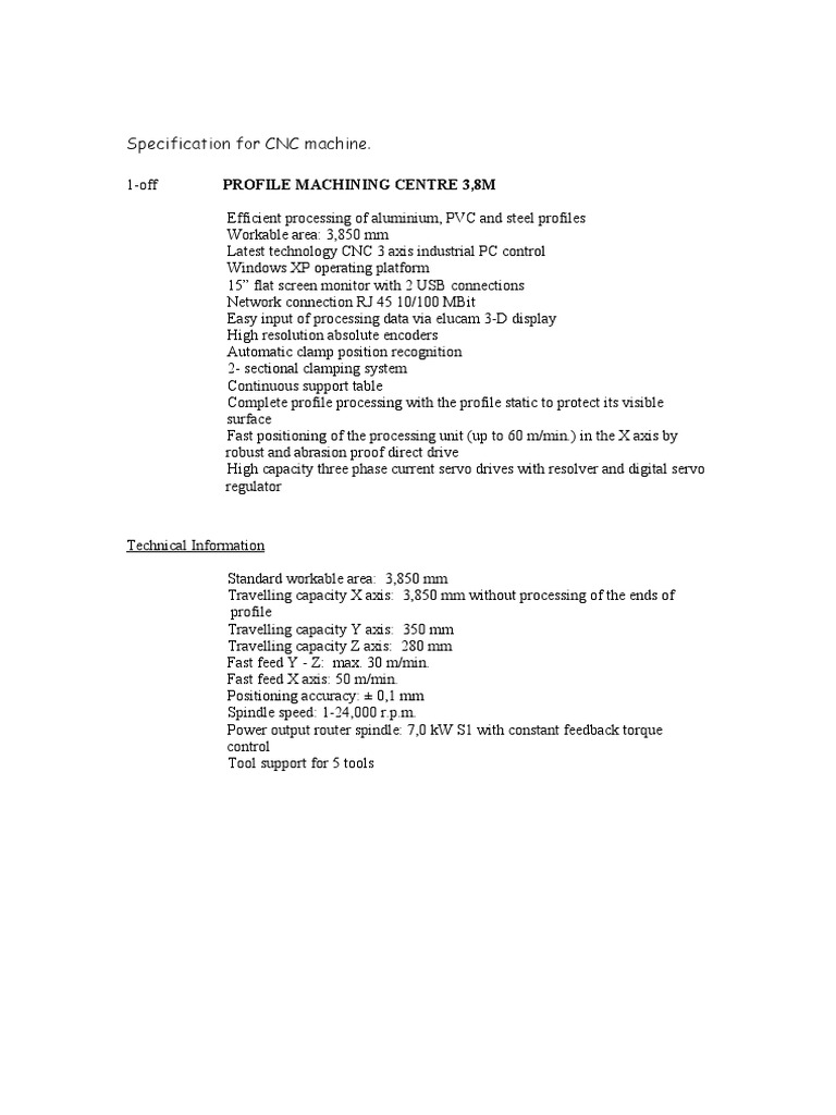 Specification For CNC Machine | PDF | Numerical Control | Manufactured Goods