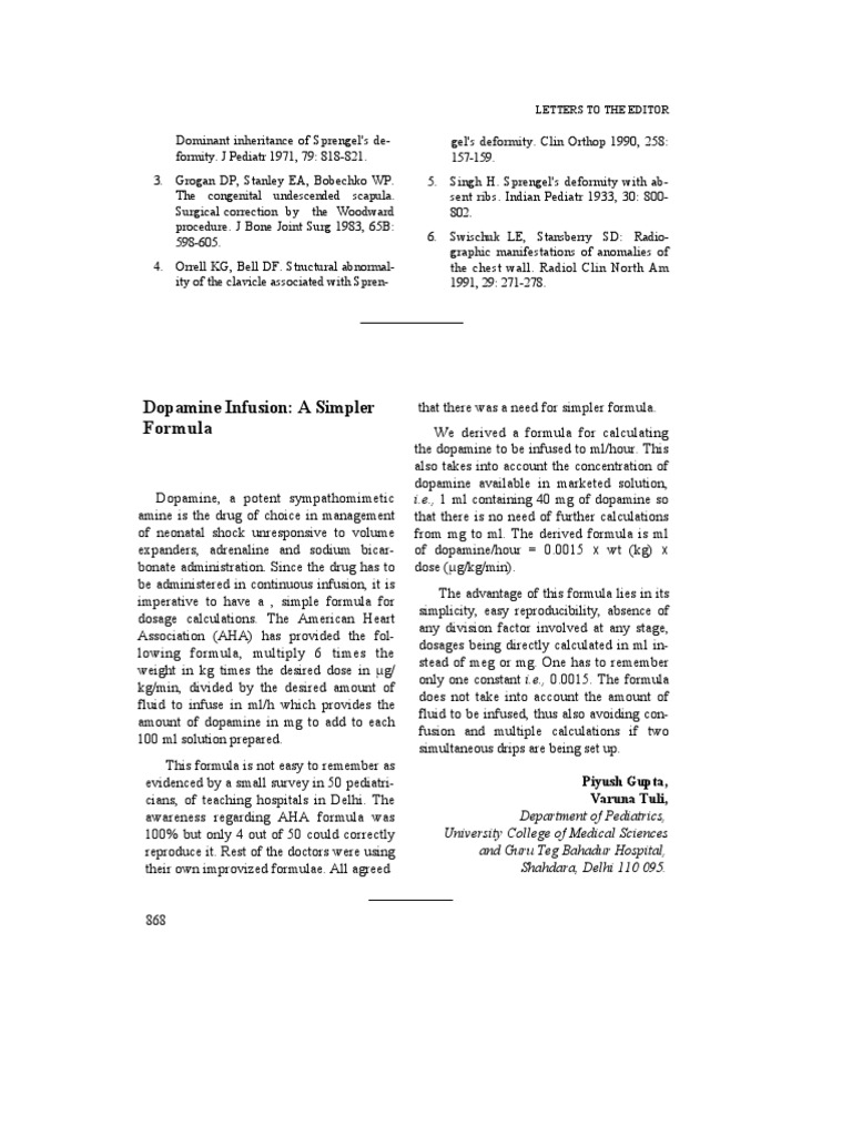 Dopamine Infusion: A Simpler Formula: I.e., 1 ML Containing 40 MG of ...