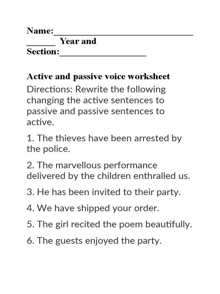 Passive and Active Voice Worksheet: Rewriting Sentences and Identifying ...