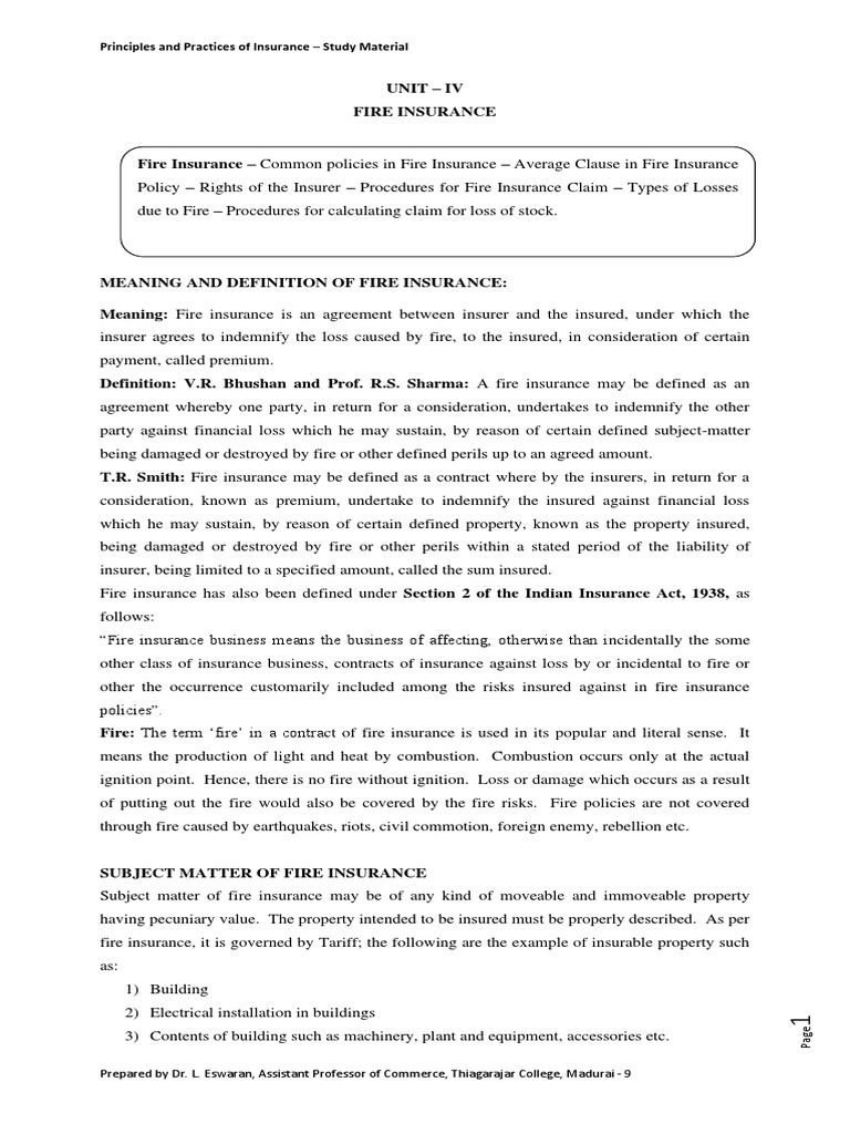 Unit IV Fire Insurance | PDF | Property Insurance | Insurance