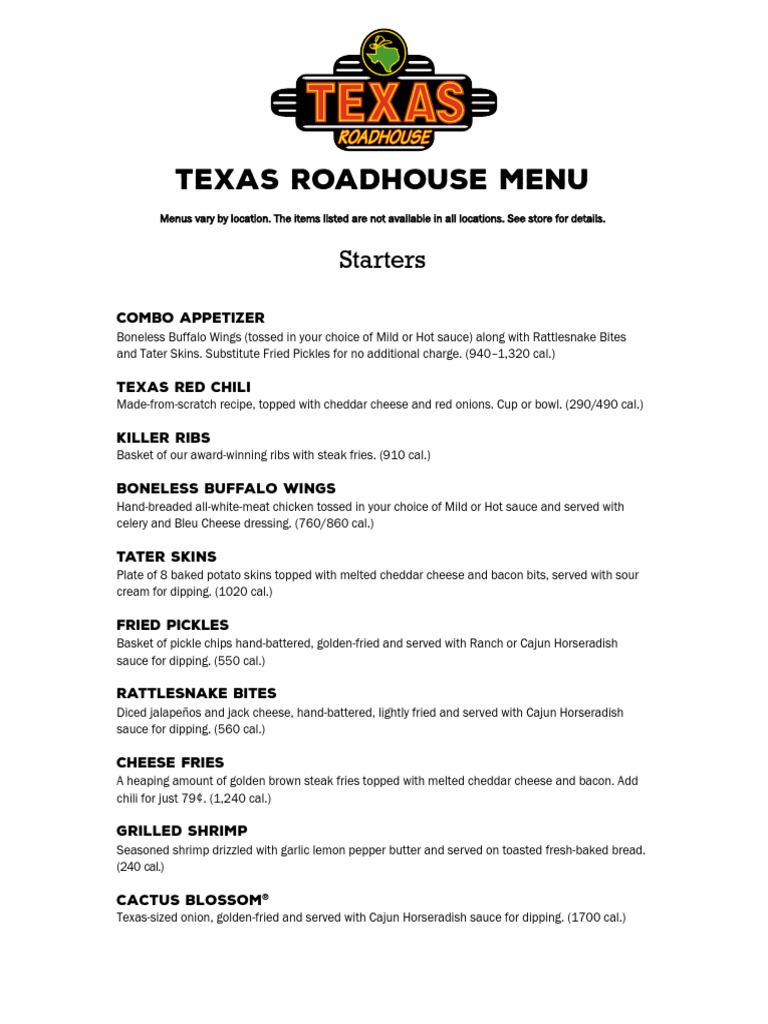 Texas Roadhouse Menu: Starters | PDF | Hamburgers | Salad