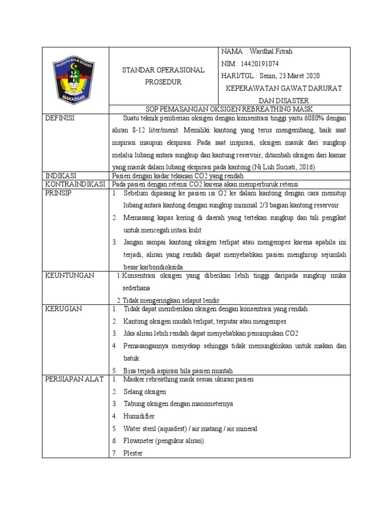 MGG 3 H-5. Sop Pemberian Oksigen Rebreathing & Nonrebreathing Mask, Jacksonn Rees | PDF