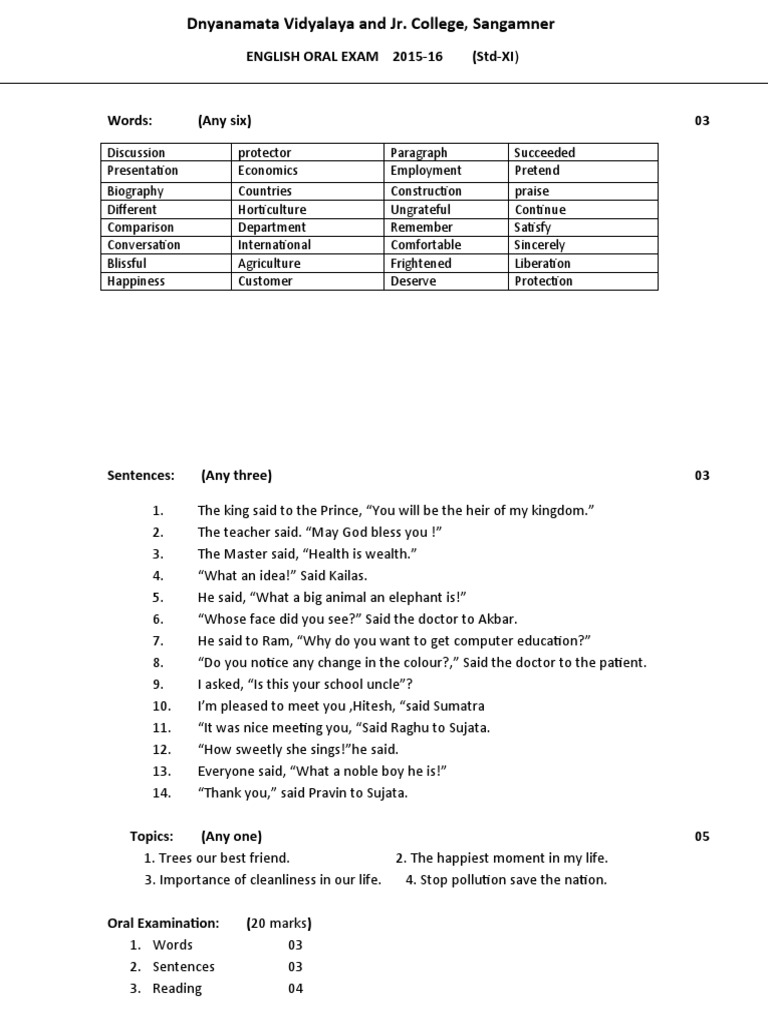 English Oral Exam 2015-16 (Std-XI) | PDF