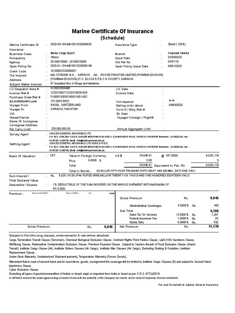 Marine Certificate of Insurance: (Schedule) | PDF | Cargo | Deductible