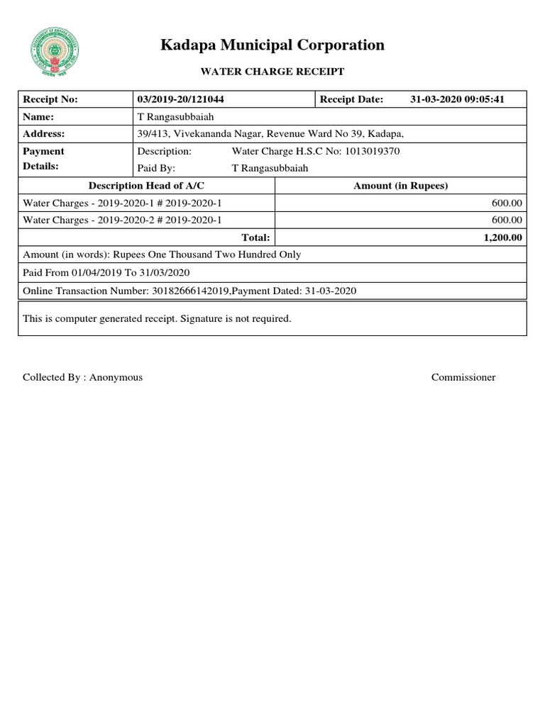 Kadapa Municipal Corporation: Water Charge Receipt | PDF