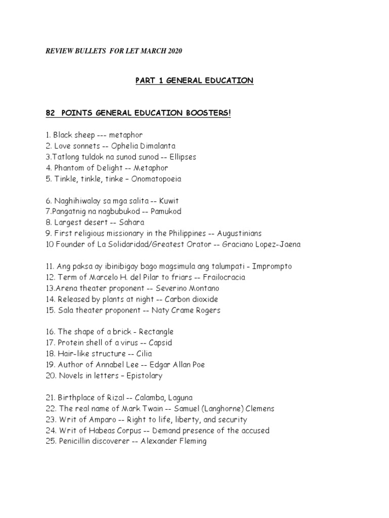Part 1 General Education: Review Bullets For Let March 2020 | PDF ...