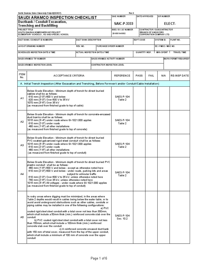 Saudi Aramco Inspection Checklist: SAIC-P-3333 Elect-Ductbank / Conduit ...