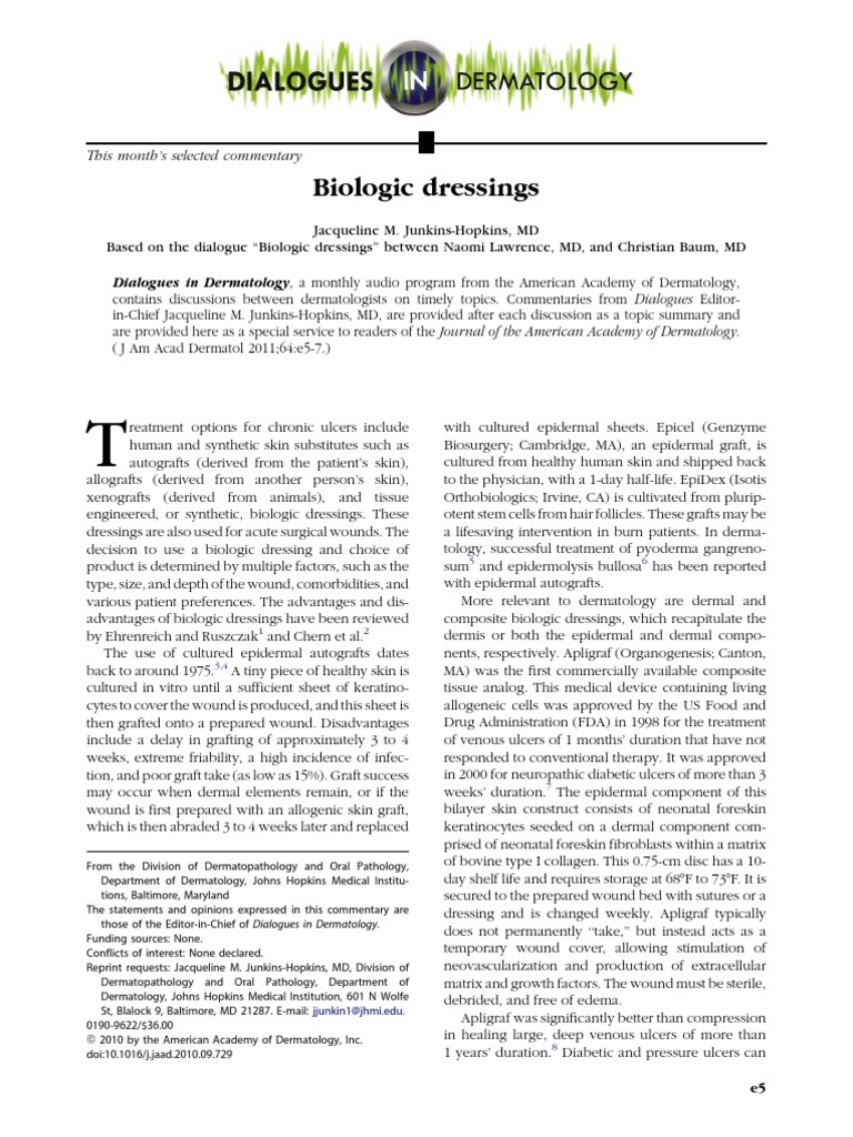 Biologic Dressings: Jjunkin1@jhmi - Edu | PDF | Wound | Wound Healing