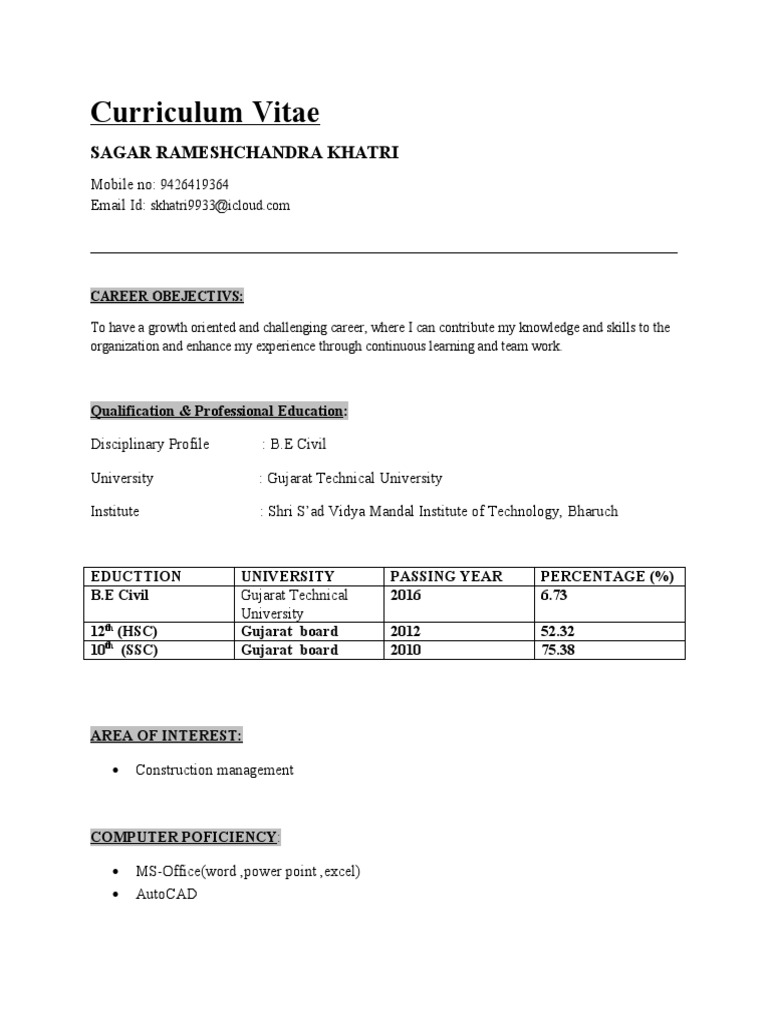 Curriculum Vitae: Sagar Rameshchandra Khatri | PDF