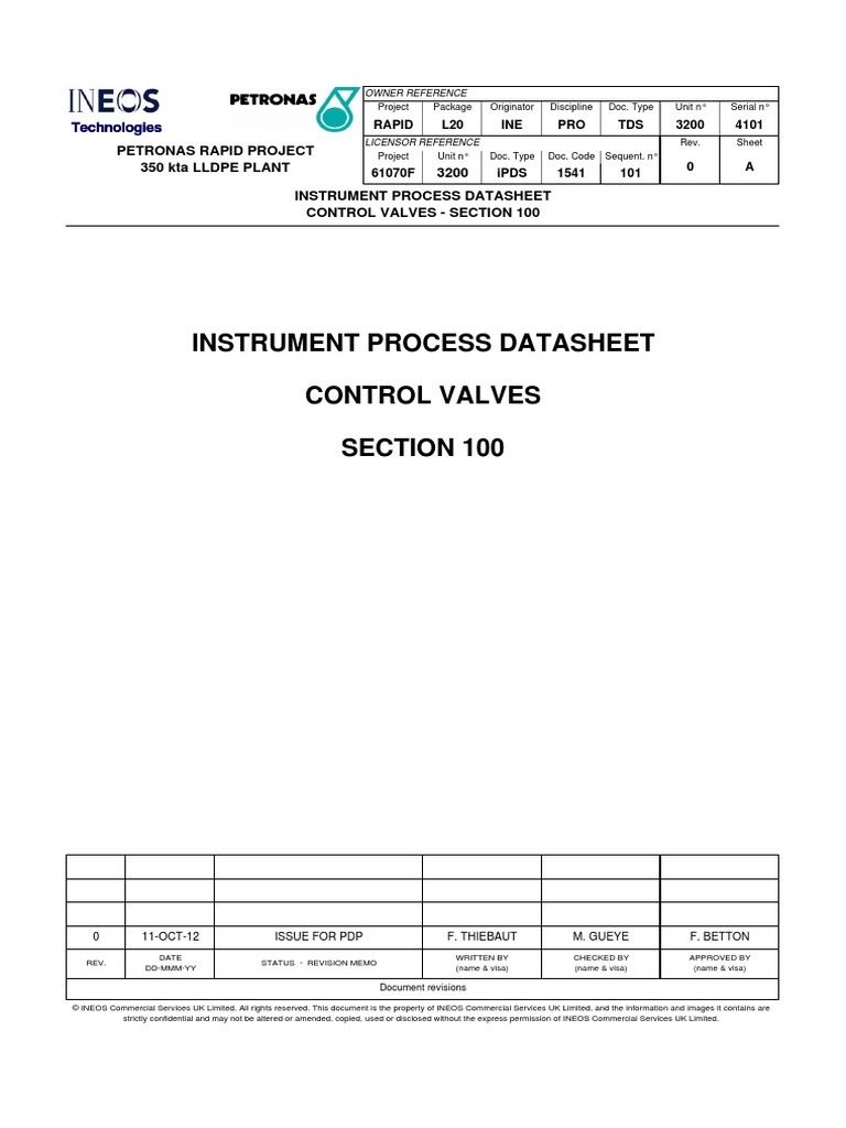 Instrument Process Datasheet Control Valves Section 100: Technologies ...