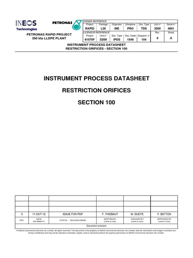 Instrument Process Datasheet Restriction Orifices Section 100 | PDF ...