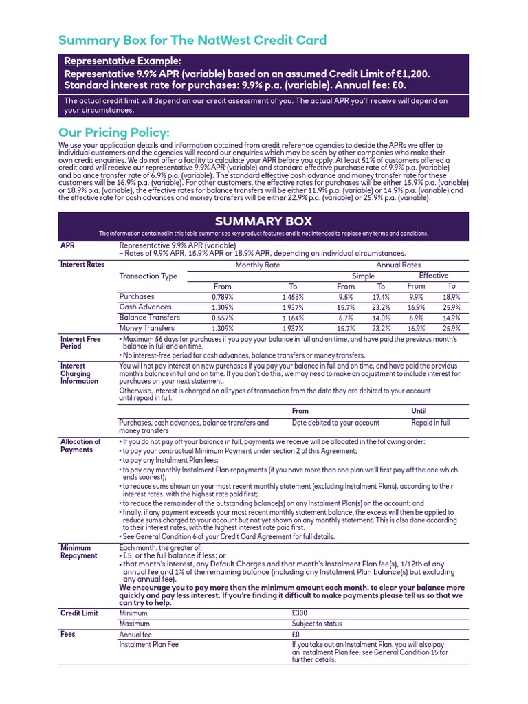 Summary Box For The Natwest Credit Card: Our Pricing Policy | PDF ...