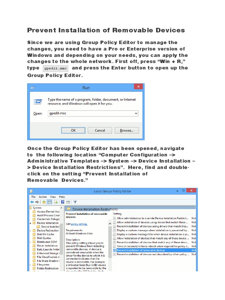 Prevent Installation of Removable Devices: Gpedit - MSC | PDF | Group ...