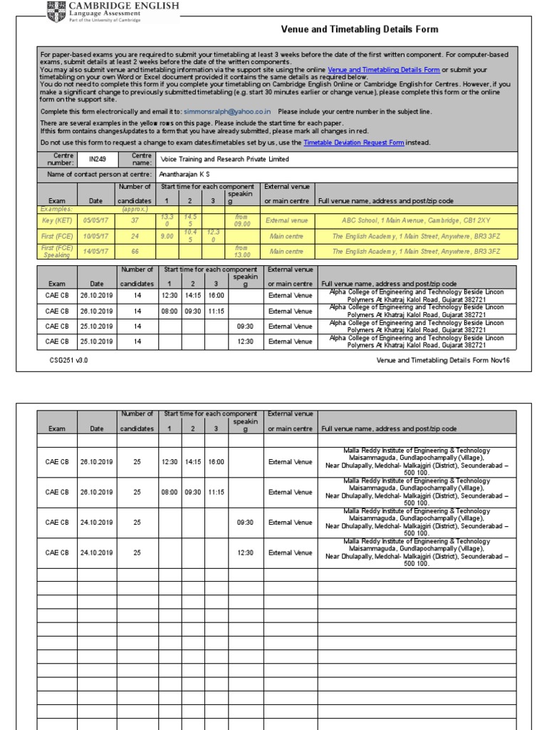 Venue and Timetabling Details Form: Simmonsralph@yahoo - Co.in | PDF ...