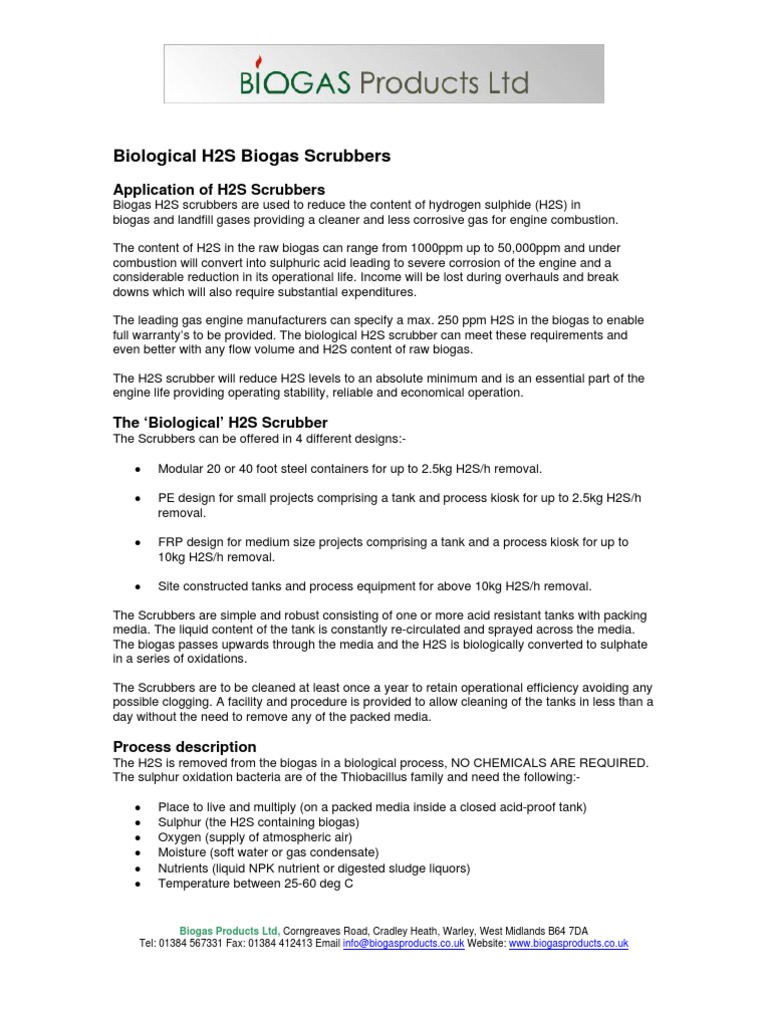 H2S Scrubber Description | PDF | Biogas | Hydrogen