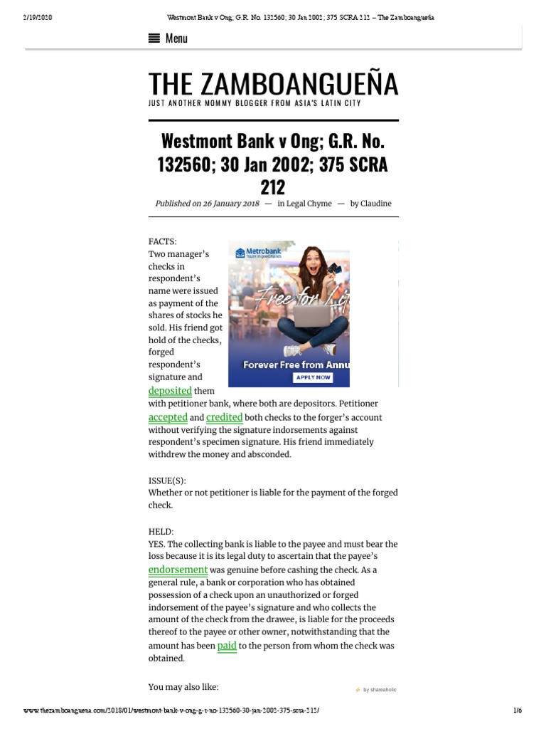 Bank Liable for Payment of Forged Checks | PDF | Cheque | Payments