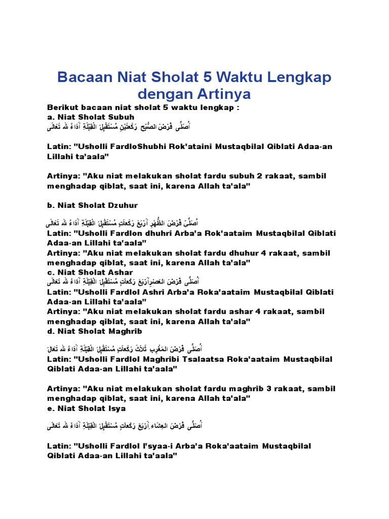 Bacaan Niat Sholat 5 Waktu Lengkap Dengan Artiny1 | PDF