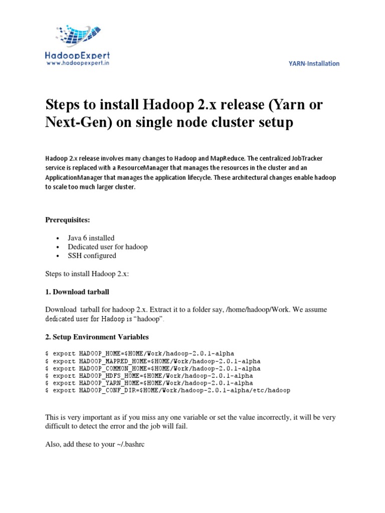 Steps To Install Hadoop 2.x Release (Yarn or Next-Gen) On Single Node Cluster Setup | PDF ...