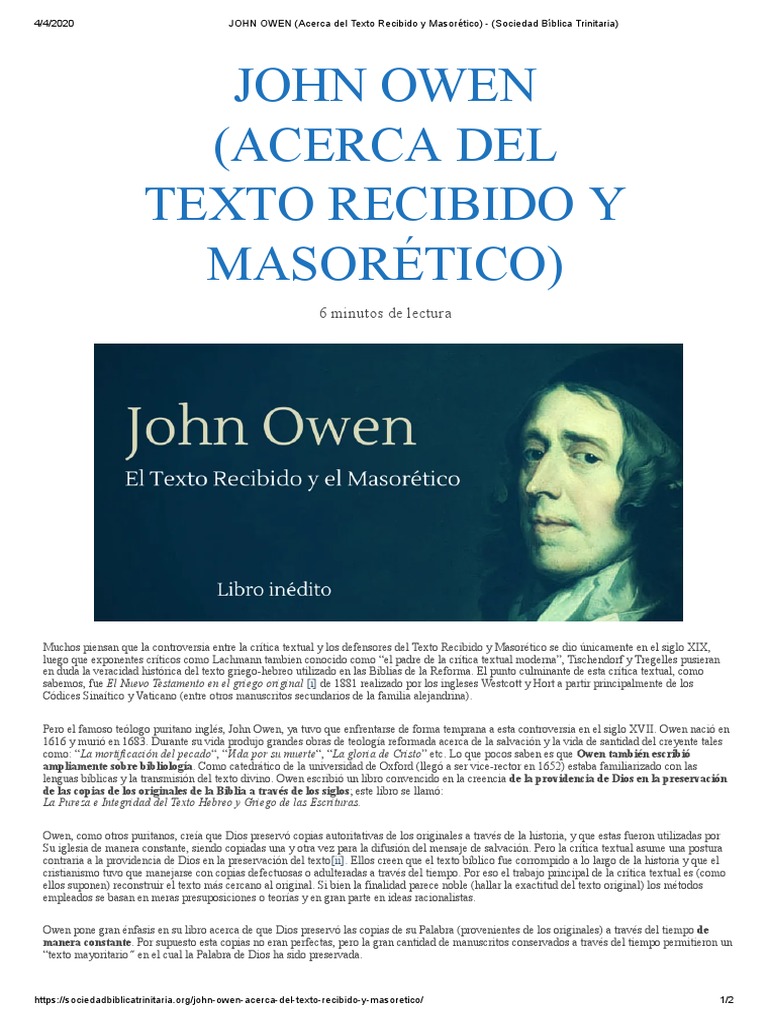 JOHN OWEN (Acerca Del Texto Recibido y Masorético) - (Sociedad Bíblica ...
