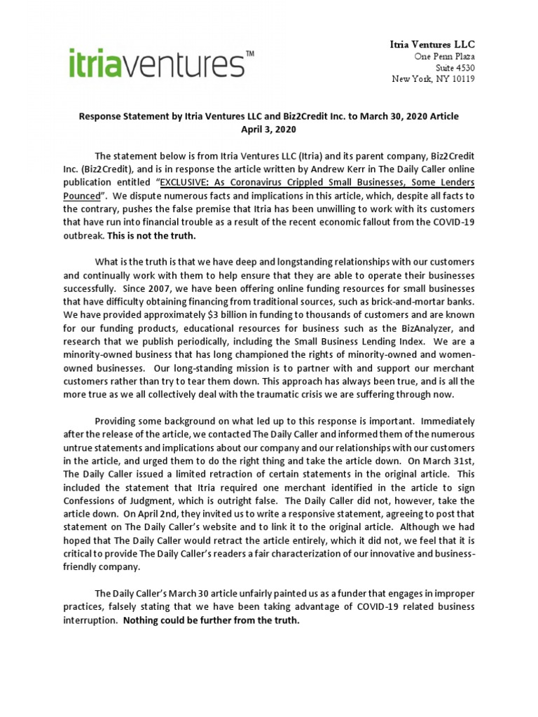 Itria Ventures LLC Response To March 30 Daily Caller Article 2 | PDF ...