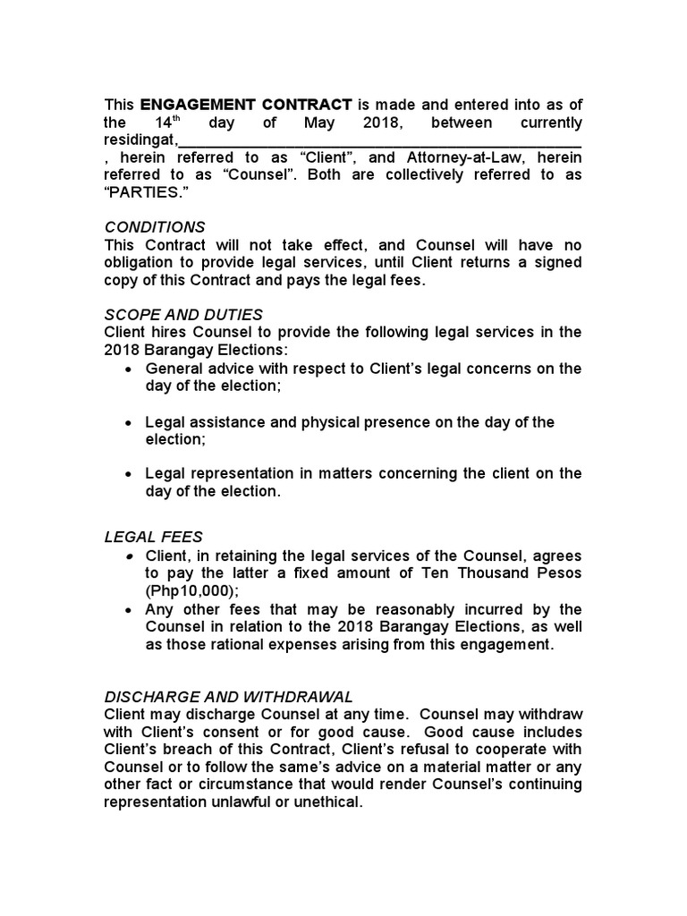 Engagement Letter Retainer Brgy Chair OKA | PDF | Guarantee | Private Law