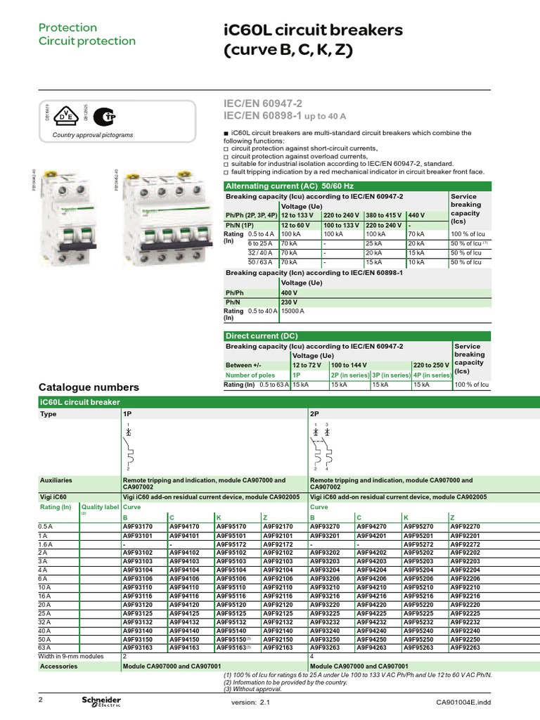 iC60L Circuit Breakers (Curve B, C, K, Z) | PDF | Alternating Current ...