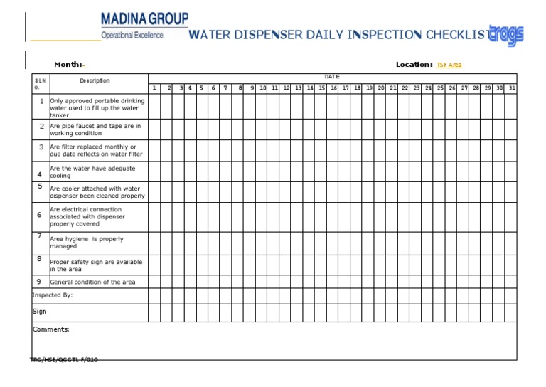 Water Dispenser Daily Inspection Checklist PDF