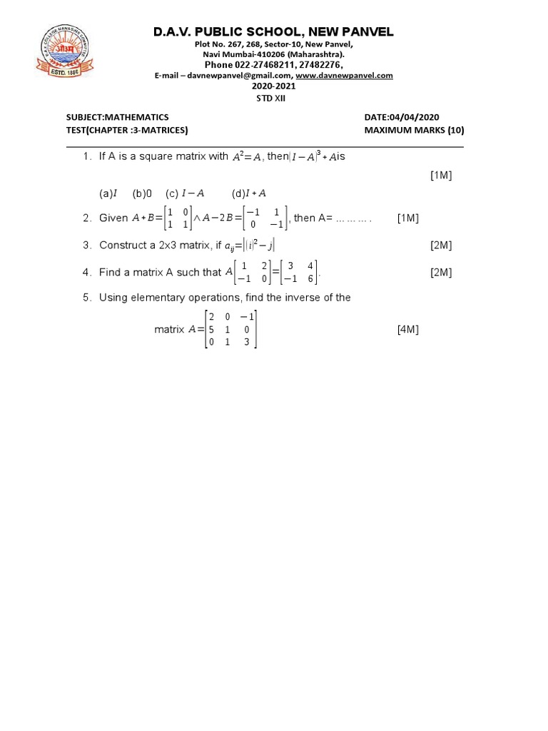 TEST (Matrices) 4042020 | PDF