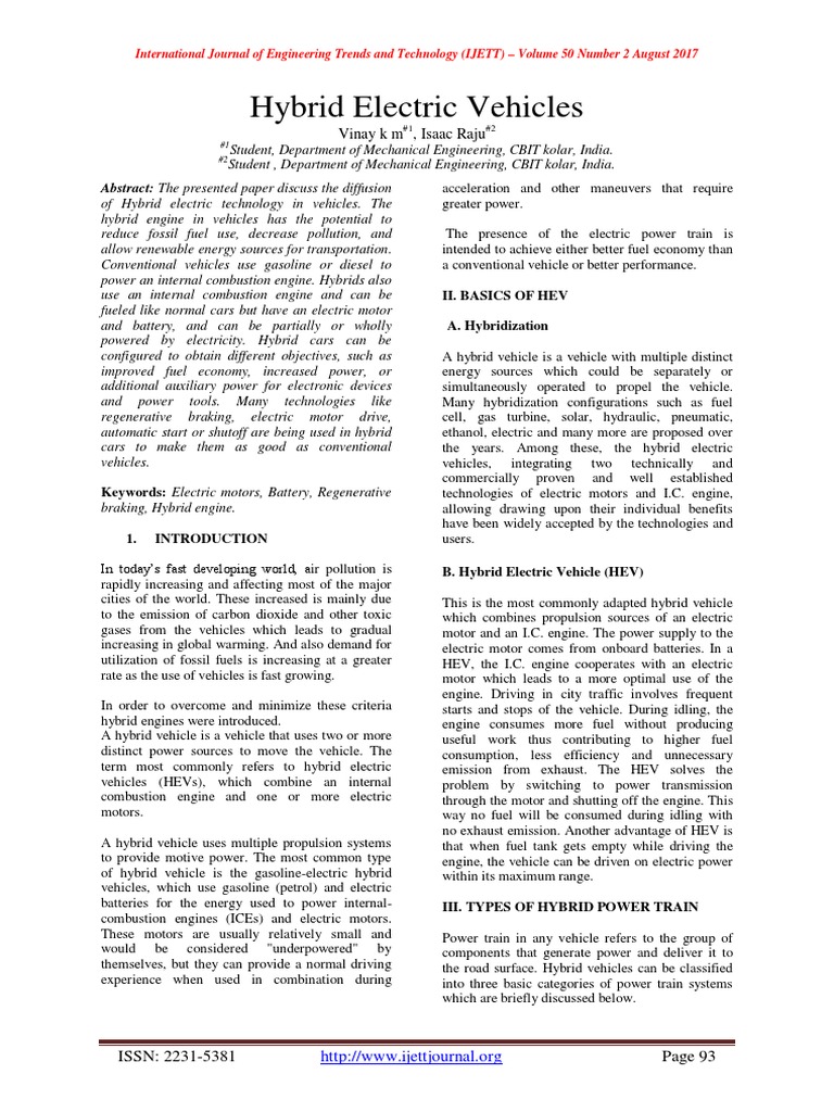 Hybrid Electric Vehicles: Abstract: The Presented Paper Discuss The ...