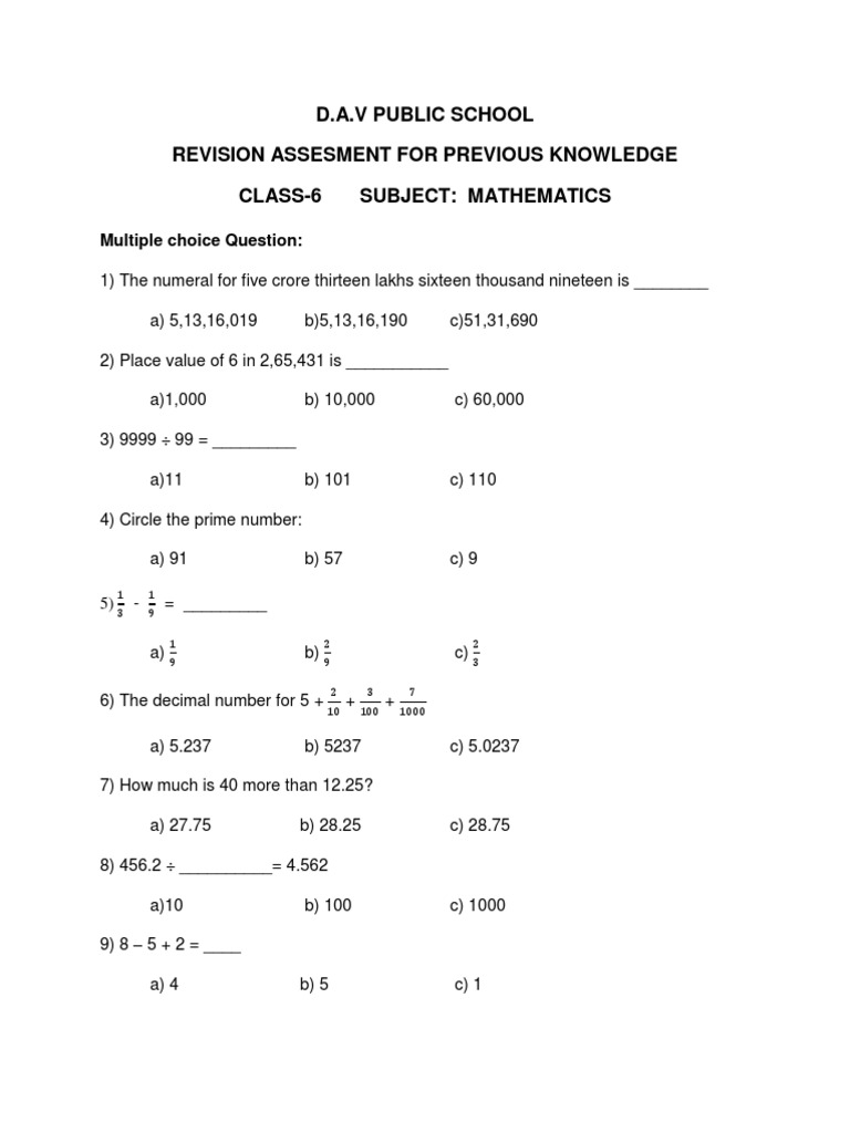 Revision Assessment For Previous Knowledge Class 6 PDF | PDF ...