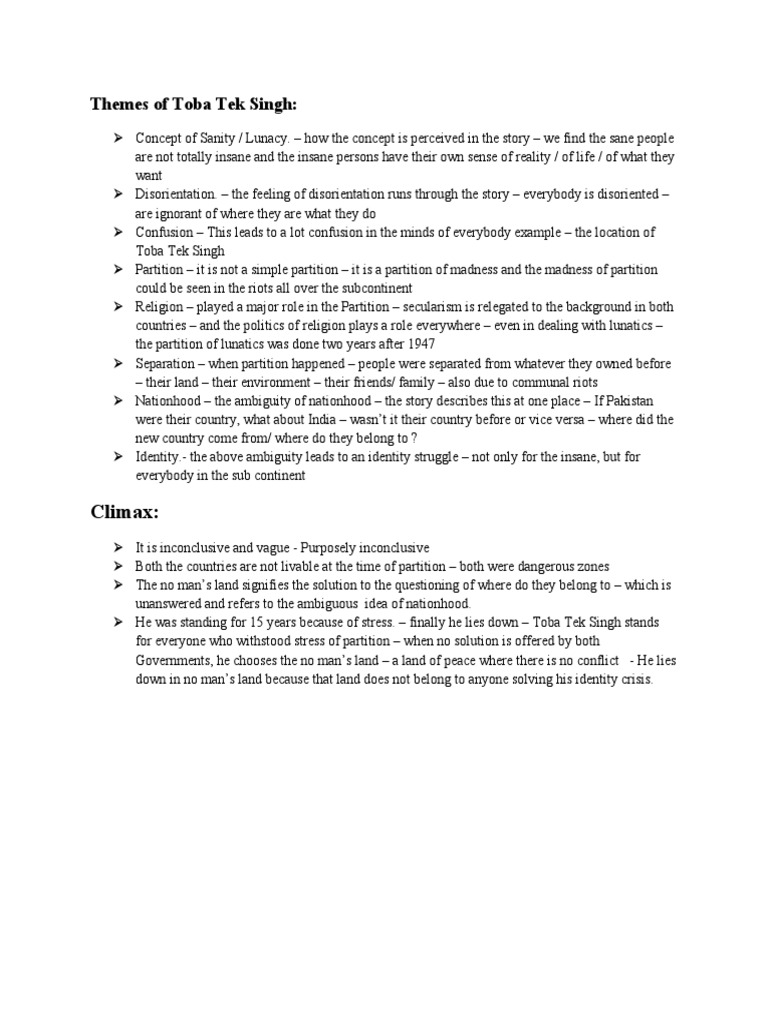 Themes of Toba Tek Singh - Sumant | PDF