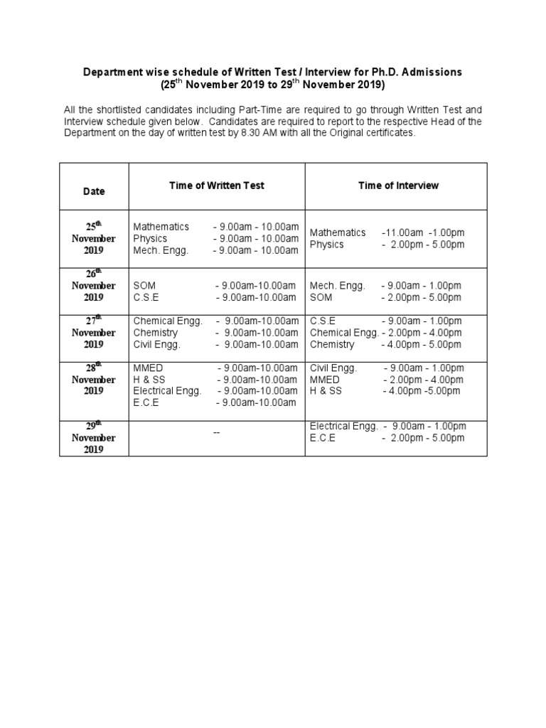 Schedule of Written Test and Interview For PHD Admissions of December ...