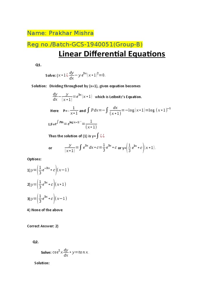 Solutions to a Set of Linear Differential Equations Problems | PDF ...