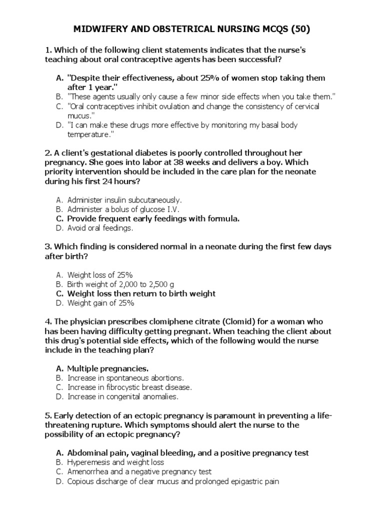 Midwifery and Obstetrical Nursing Mcqs | PDF | Pregnancy | Childbirth