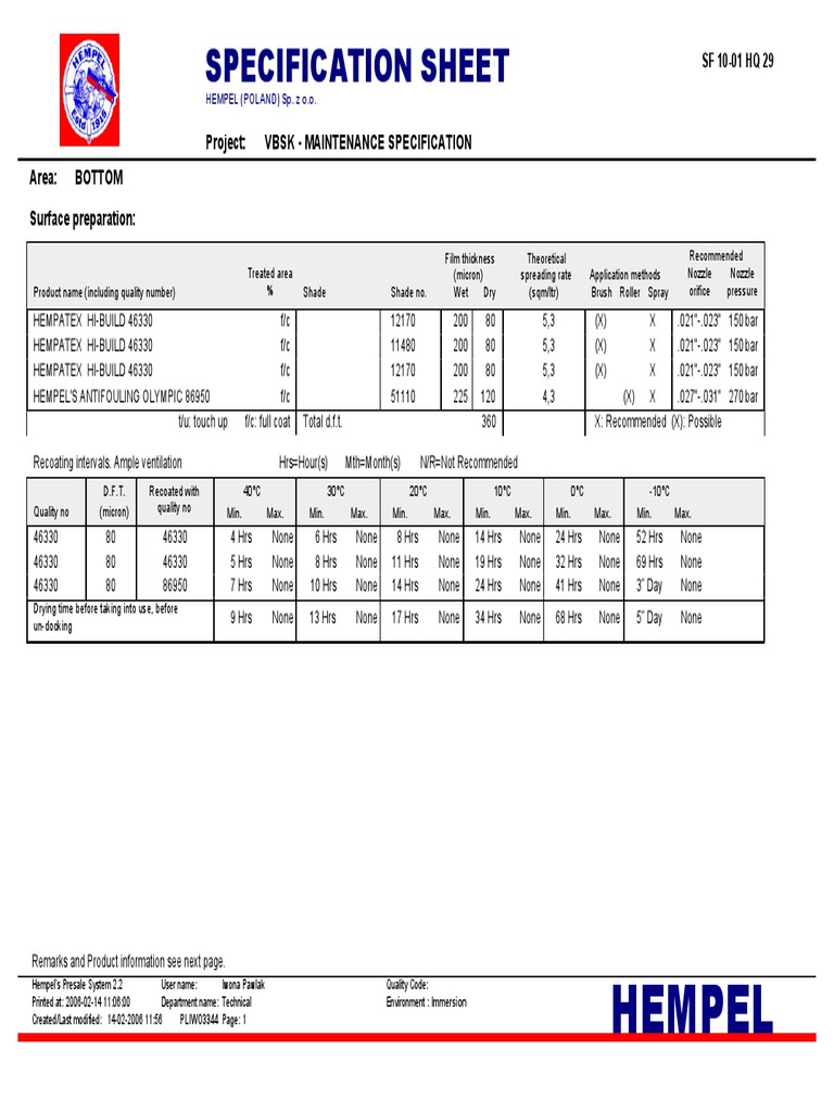 Hempel Maintenance Specification Sheet | PDF | Specification (Technical ...