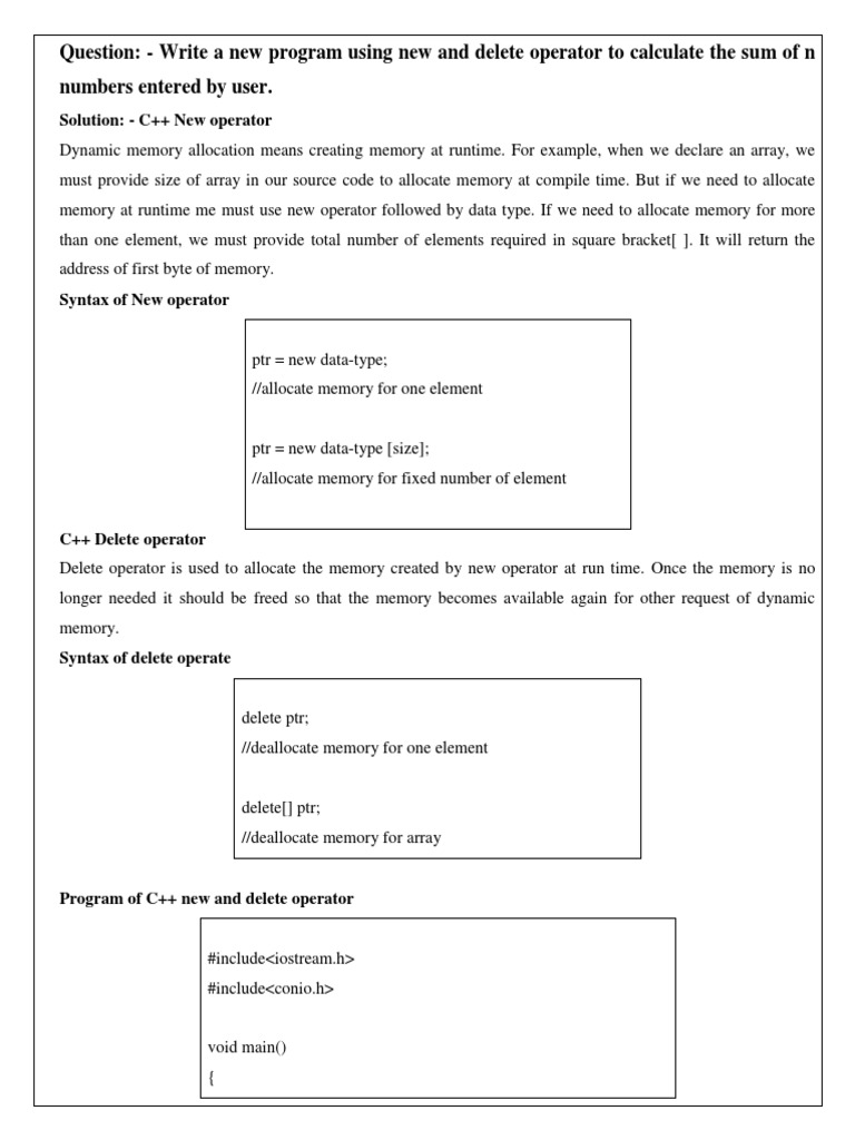 Question: - Write A New Program Using New and Delete Operator To Calculate The Sum of N Numbers ...