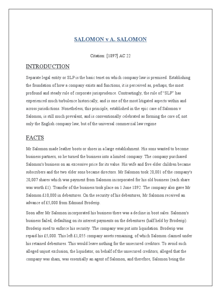 Salomon v Salomon: Corporate Veil Established | PDF | Piercing The ...
