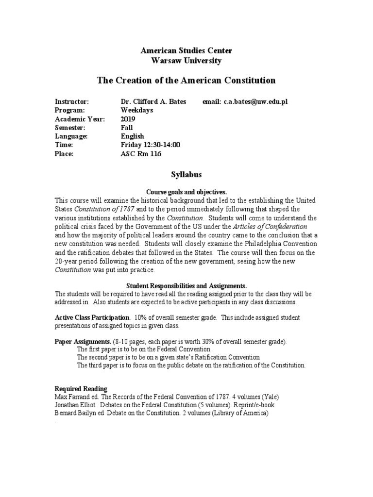 American Constitution Course Syllabus | PDF | Constitutional Convention ...