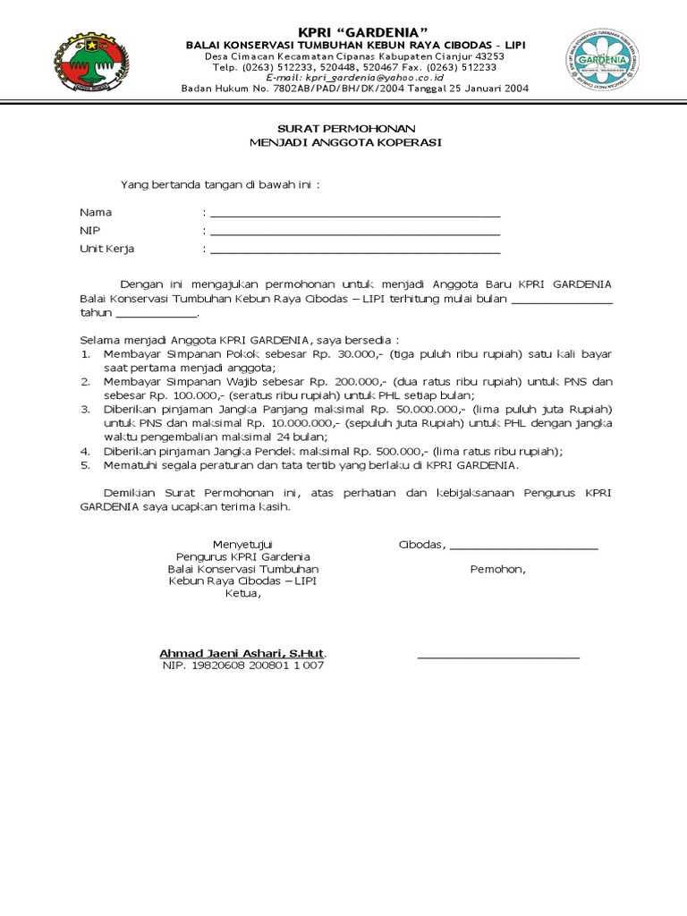 Surat Permohonan Menjadi Anggota Baru Koperasi | PDF