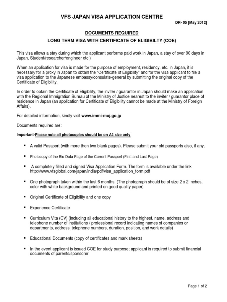 Vfs Japan Visa Application Centre: Documents Required Long Term Visa ...