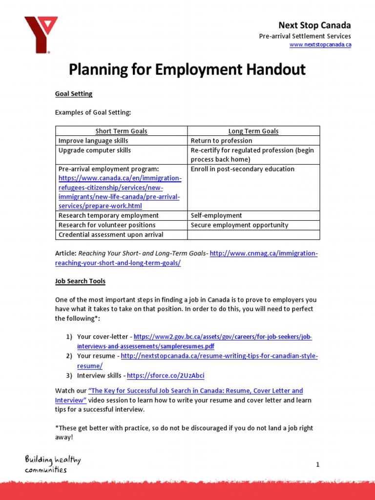 Planning For Employment Handout: Goal Setting | PDF | Canada | Employment