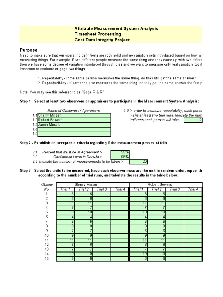 Attribute Measurement System Analysis Timesheet Processing Cost Data ...
