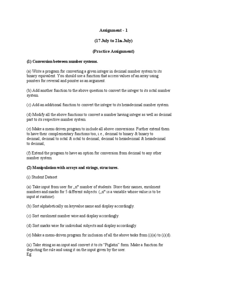 Assignment - 1 (17 July To 21 July) (Practice Assignment) : (1) Conversion Between Number ...